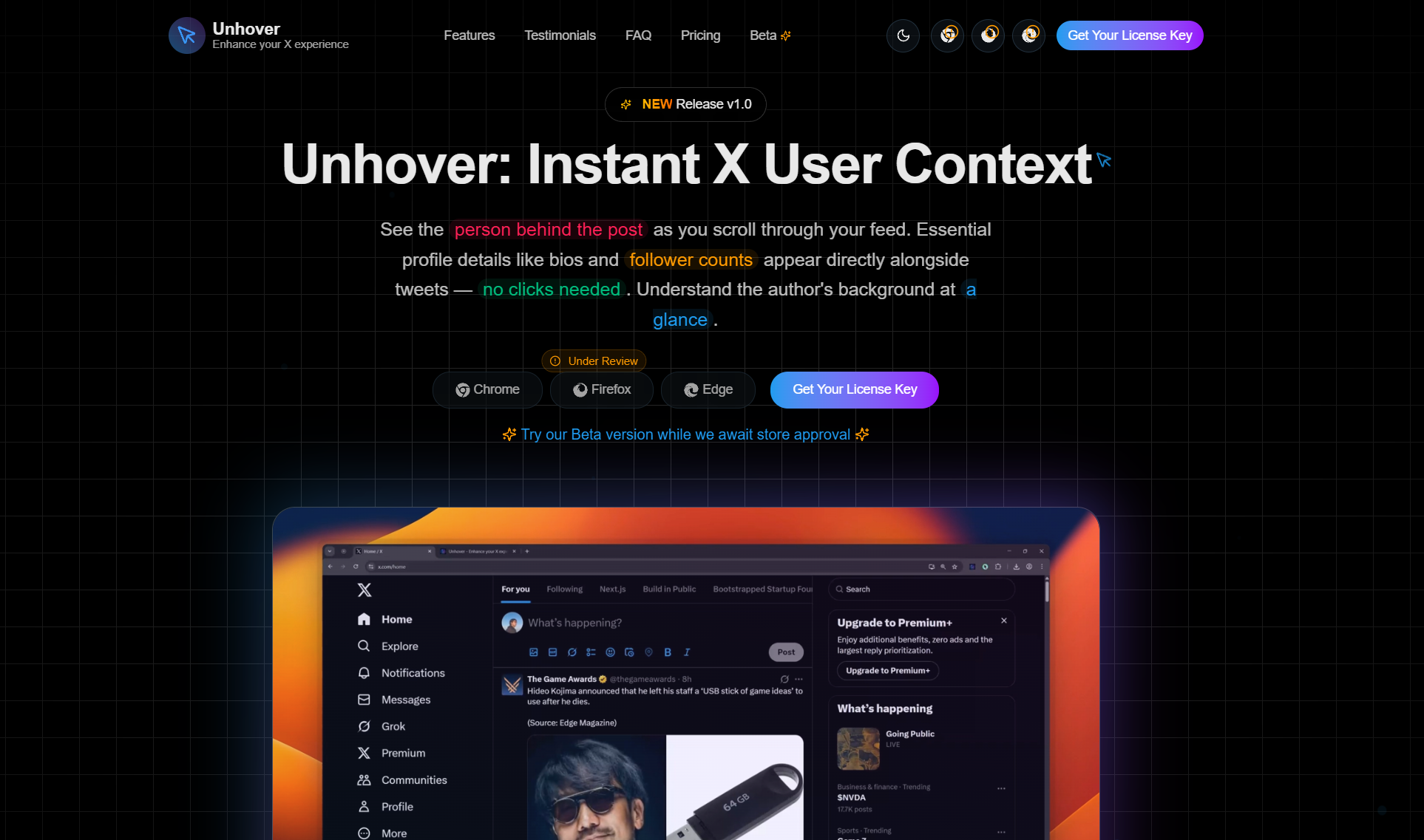 Unhover: Instant X user context, directly in your feed
